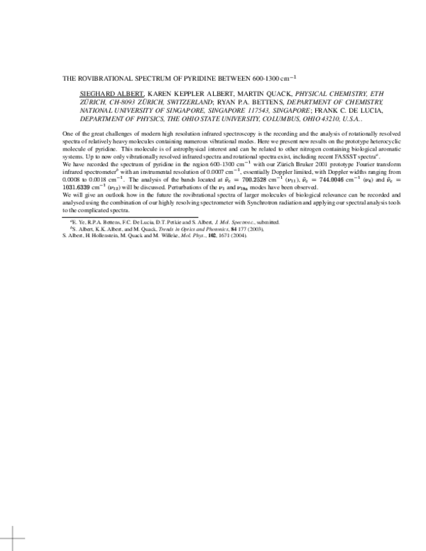 (PDF) THE ROVIBRATIONAL SPECTRUM OF PYRIDINE BETWEEN 600-1300 cm$^{-1}$