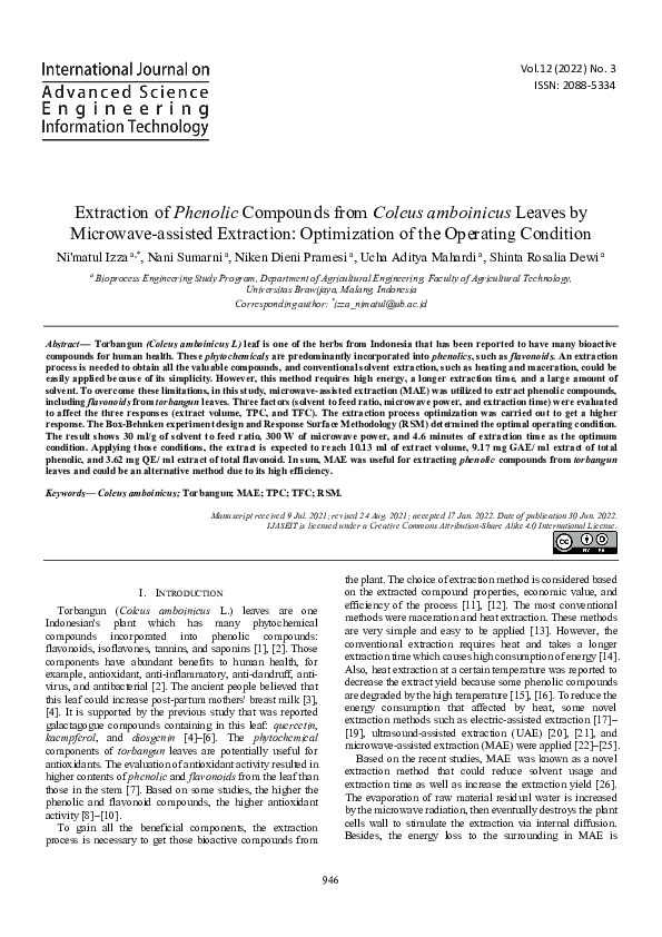 (PDF) Extraction of Phenolic Compounds from Coleus amboinicus Leaves by Microwave-assisted ...
