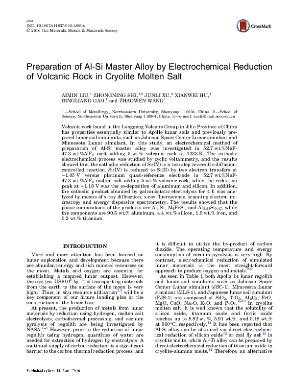 (PDF) Preparation of Al-Si Master Alloy by Electrochemical Reduction of ...