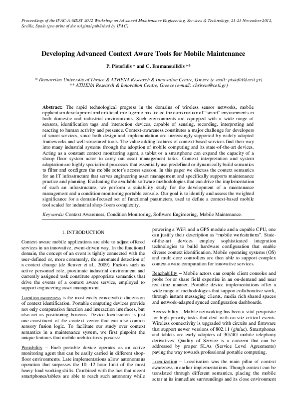 (PDF) Developing Advanced Context Aware Tools for Mobile Maintenance