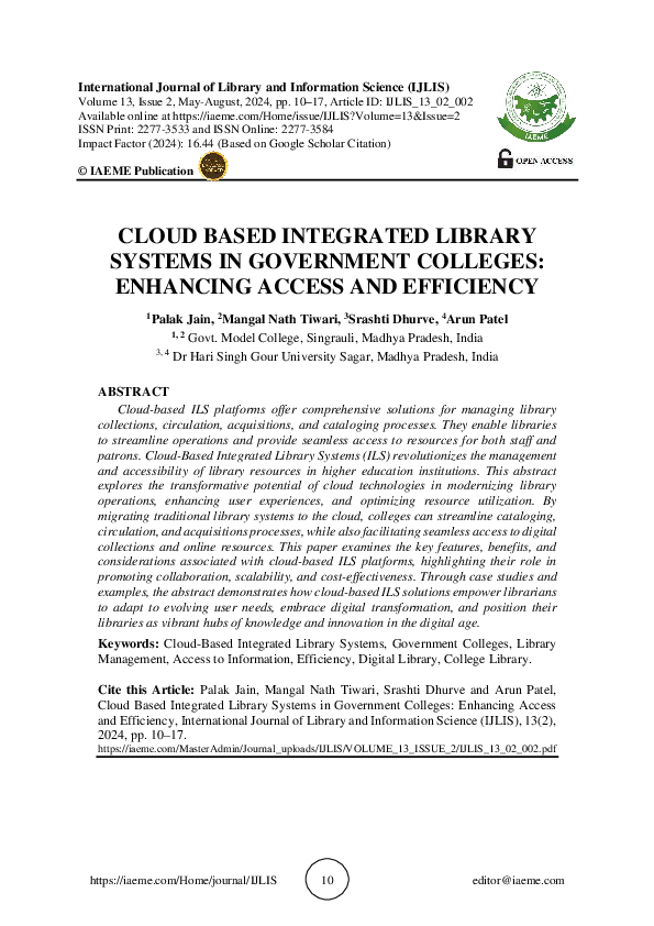 (PDF) CLOUD BASED INTEGRATED LIBRARY SYSTEMS IN GOVERNMENT COLLEGES ...
