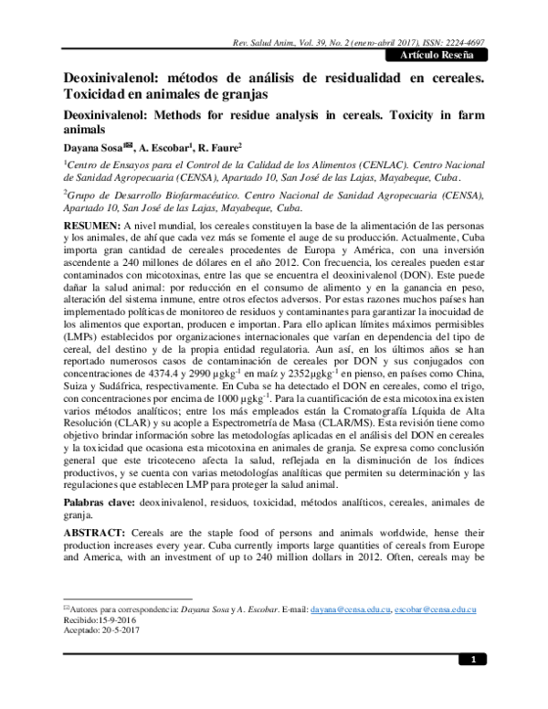 (PDF) Deoxinivalenol: métodos de análisis de residualidad en cereales. Toxicidad en animales de ...
