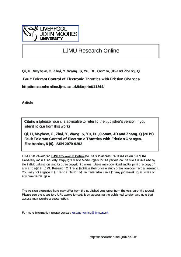(PDF) Friction compensation as a fault-tolerant control problem