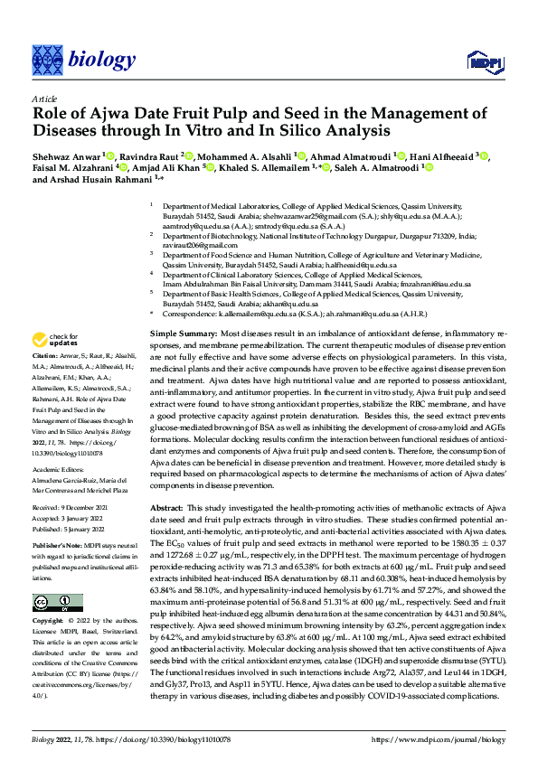 (PDF) Role of Ajwa Date Fruit Pulp and Seed in the Management of Diseases through In Vitro and ...