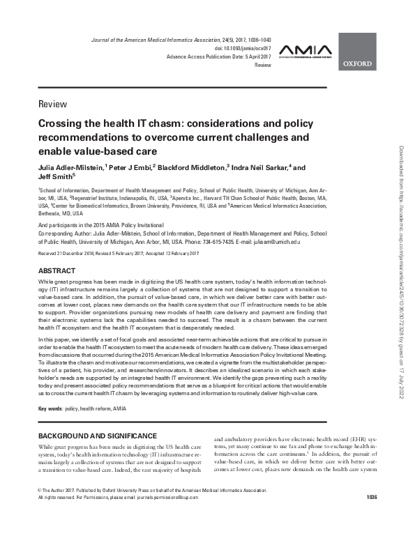 (PDF) Crossing the health IT chasm: considerations and policy ...