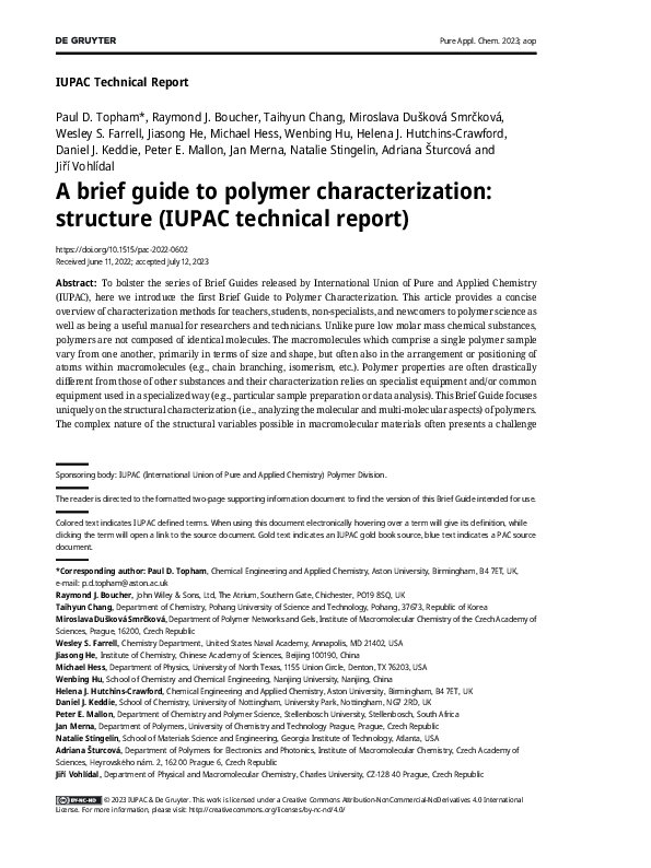 (PDF) A brief guide to polymer characterization: structure (IUPAC Technical Report) | Helena ...