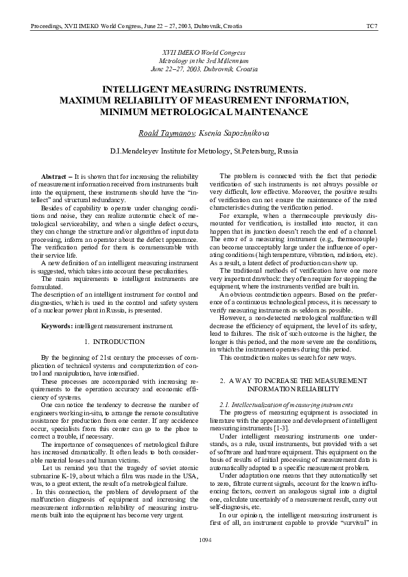 (PDF) Intelligent Measuring Instruments. Maximum Reliability of Measurement Information, Minimum ...