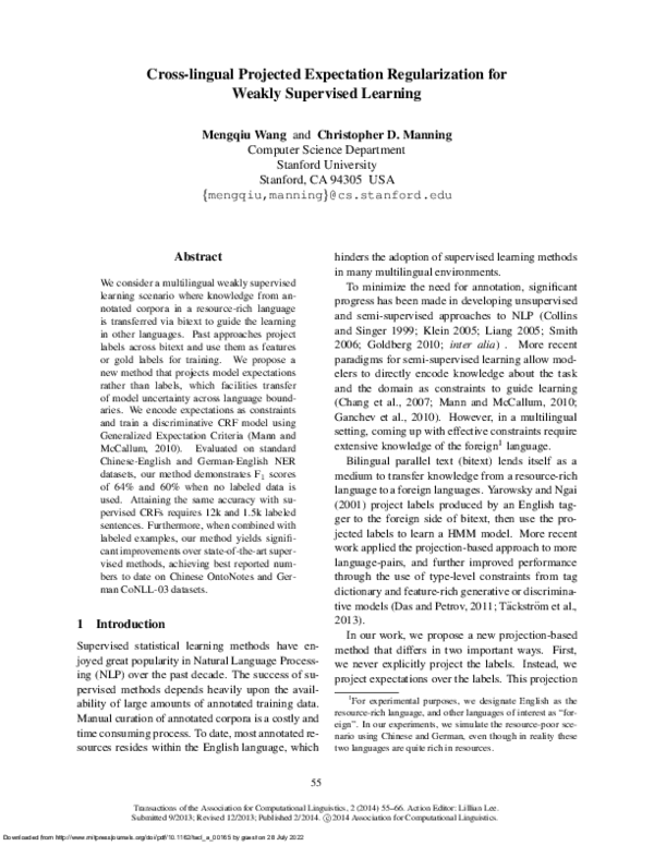 (PDF) Cross-lingual Projected Expectation Regularization for Weakly Supervised Learning