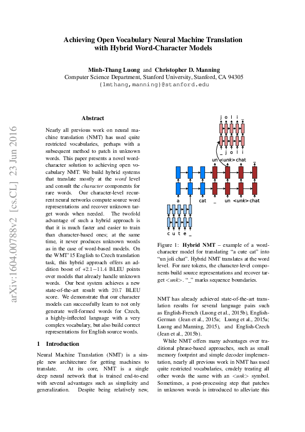 (PDF) Achieving Open Vocabulary Neural Machine Translation with Hybrid Word-Character Models