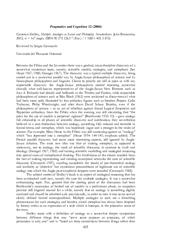 (PDF) Cameron Shelley, Multiple Analogies in Science and Philosophy