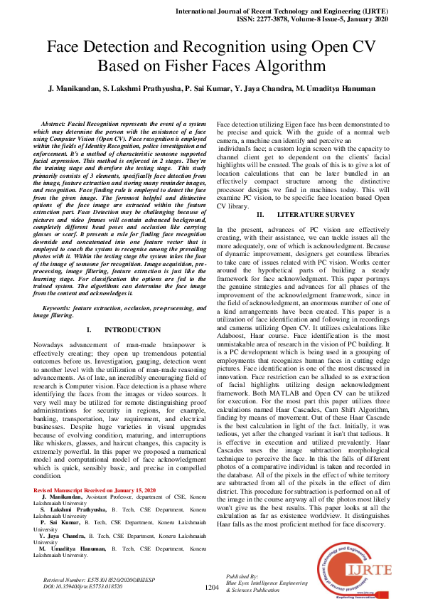 (PDF) Face Detection and Recognition using Open CV Based on Fisher Faces Algorithm