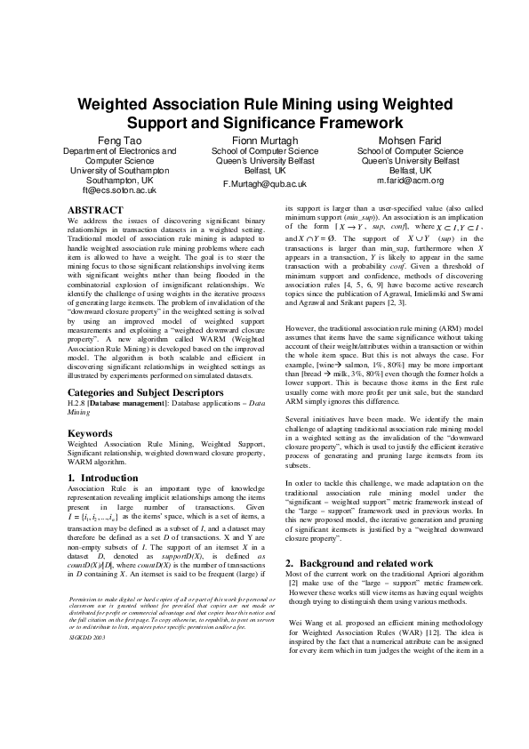 (PDF) Weighted Association Rule Mining using weighted support and ...