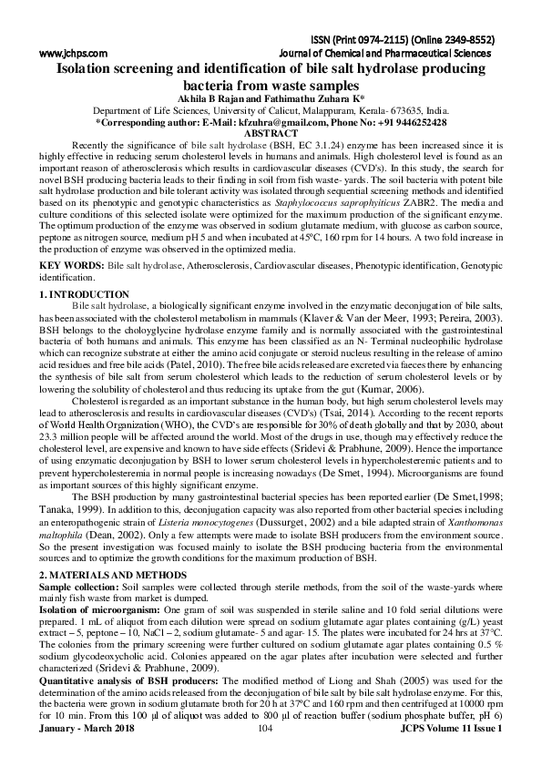 (PDF) Isolation screening and identification of bile salt hydrolase producing bacteria from ...
