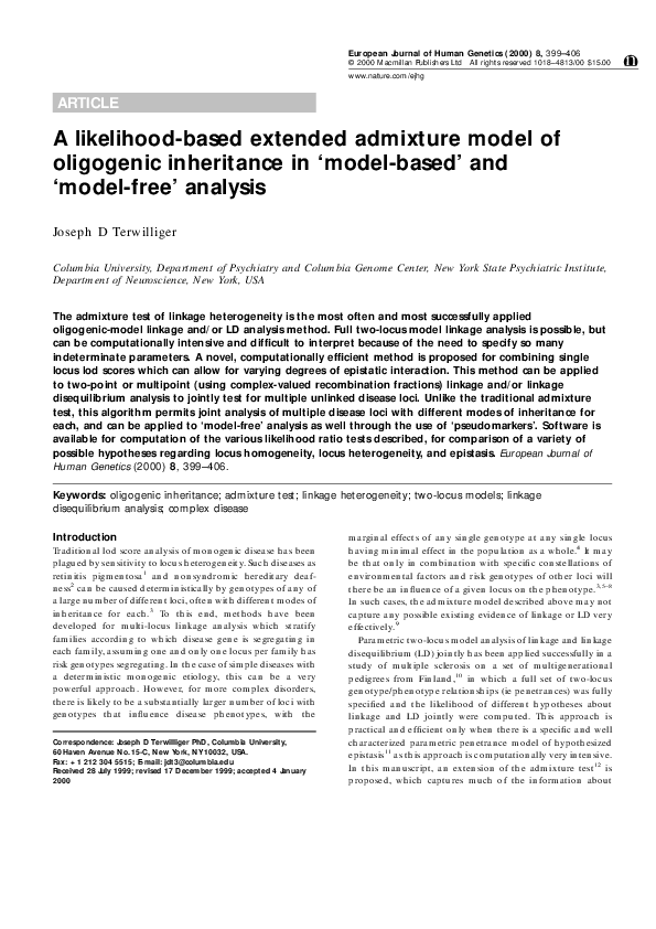Pdf A Likelihood Based Extended Admixture Model Of Oligogenic Inheritance In ‘model Based And