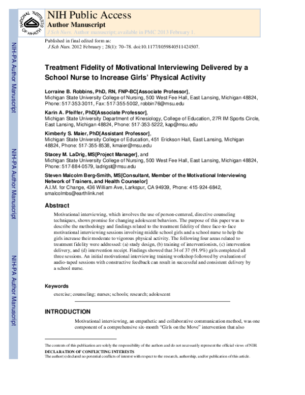 (PDF) Treatment Fidelity of Motivational Interviewing Delivered by a School Nurse to Increase ...