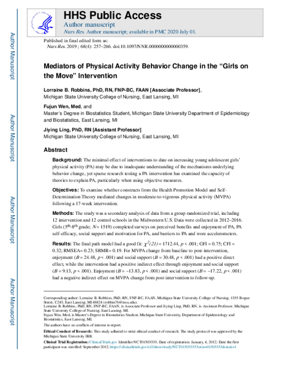 (PDF) Mediators of Physical Activity Behavior Change in the “Girls on ...