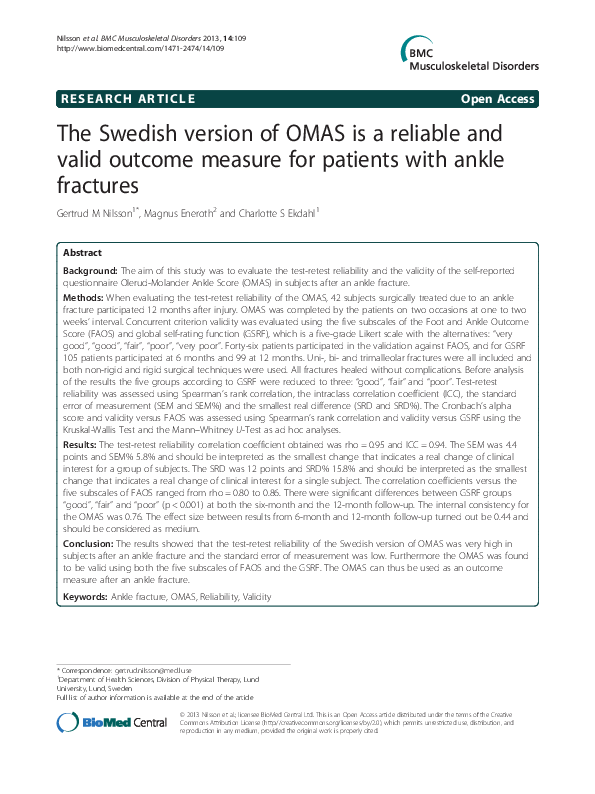 (PDF) The Swedish version of OMAS is a reliable and valid outcome ...