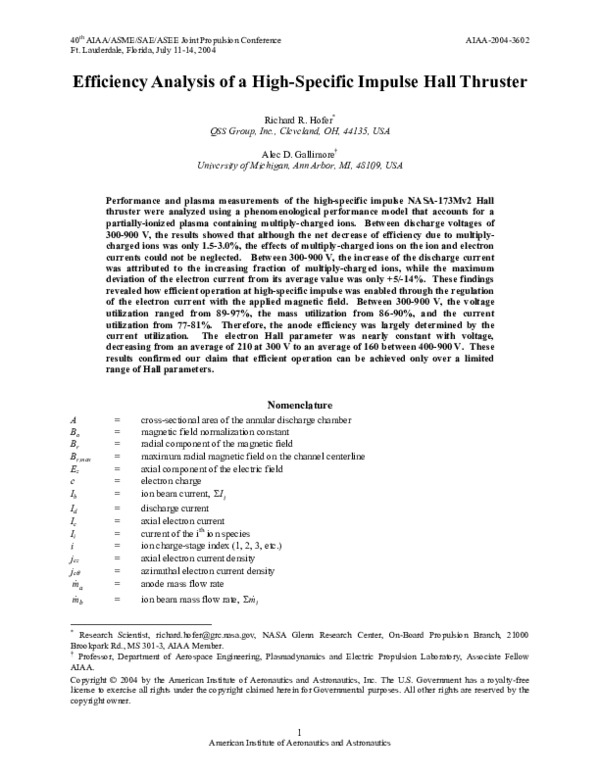 (PDF) Efficiency Analysis of a High-Specific Impulse Hall Thruster