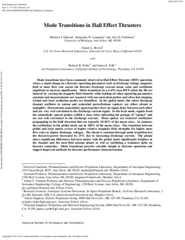 (PDF) Mode Transitions in Hall Effect Thrusters