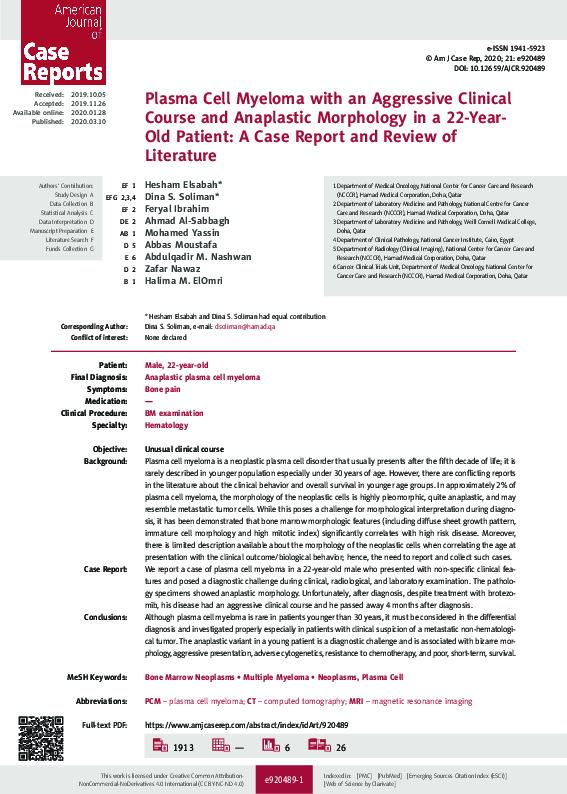 (PDF) Plasma Cell Myeloma with an Aggressive Clinical Course and ...