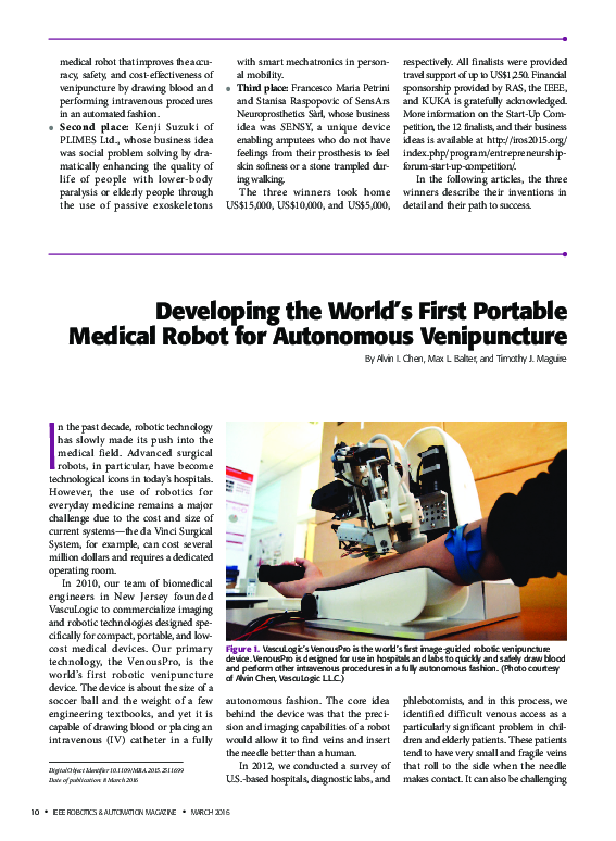 (PDF) Developing the World?s First Portable Medical Robot for Autonomous Venipuncture ...