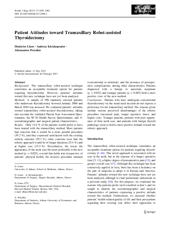 (PDF) Patient Attitudes toward Transaxillary Robot-assisted Thyroidectomy