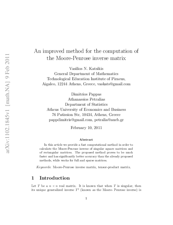 (PDF) An improved method for the computation of the Moore–Penrose inverse matrix