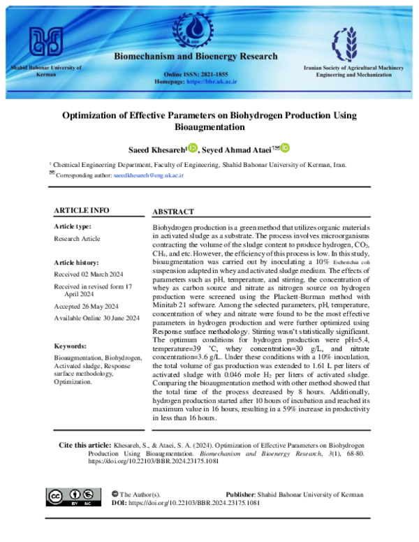 (PDF) Optimization of Effective Parameters on Biohydrogen Production Using Bioaugmentation