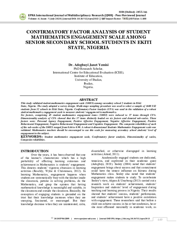(PDF) Confirmatory Factor Analysis of Student Mathematics Engagement ...