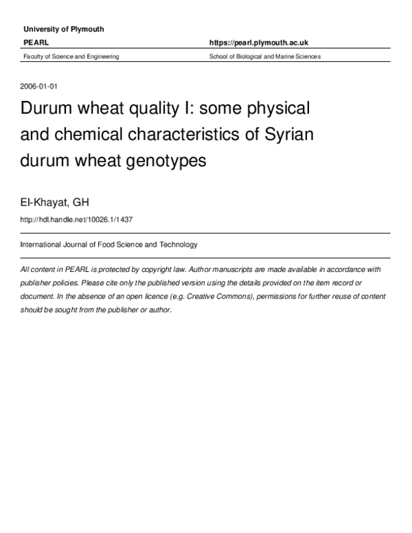 (PDF) Durum wheat quality I: some physical and chemical characteristics ...
