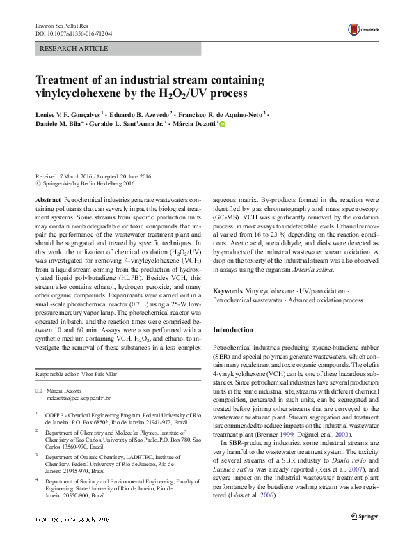 (PDF) H2O2/UV Treatment of Vinylcyclohexene in Industrial Wastewater