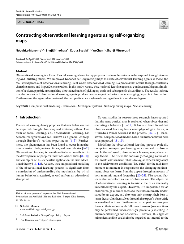 Pdf Constructing Observational Learning Agents Using Self Organizing Maps