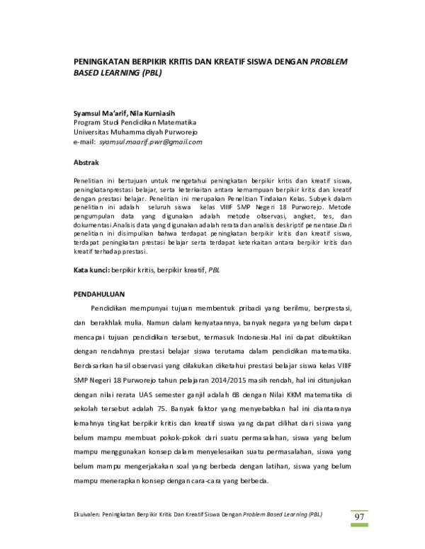 (PDF) Peningkatan Berpikir Kritis Dan Kreatif Siswa Dengan Problem Based Learning (PBL ...