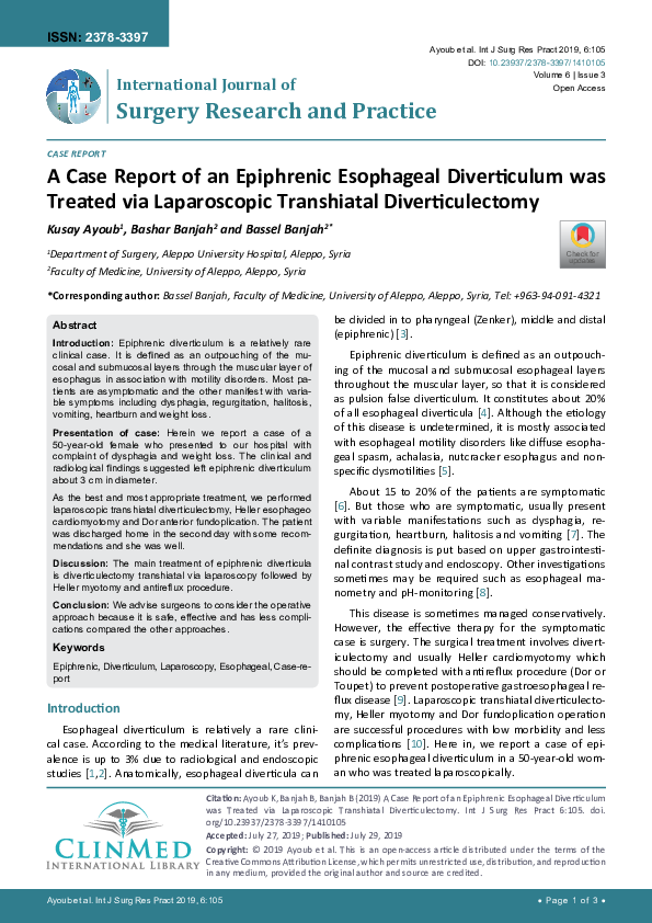 (PDF) A Case Report of an Epiphrenic Esophageal Diverticulum was Treated via Laparoscopic ...