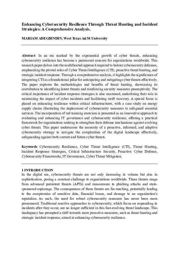 Pdf Enhancing Cybersecurity Resilience Through Threat Hunting And Incident Strategies