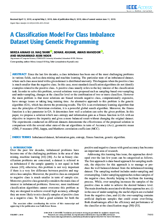 (PDF) A Classification Model For Class Imbalance Dataset Using Genetic Programming | awais ...
