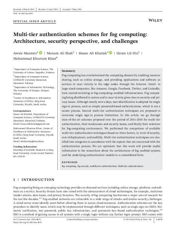 (PDF) Multi‐tier authentication schemes for fog computing: Architecture, security perspective ...