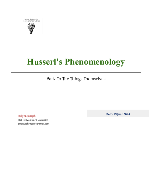 (PDF) Husserl's Phenomenology - Back to the Things Themselves