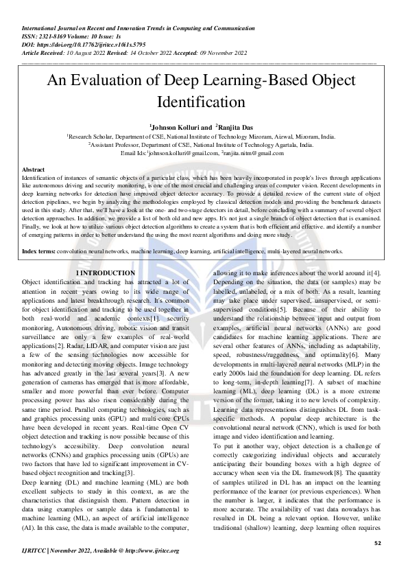 (PDF) An Evaluation of Deep Learning-Based Object Identification