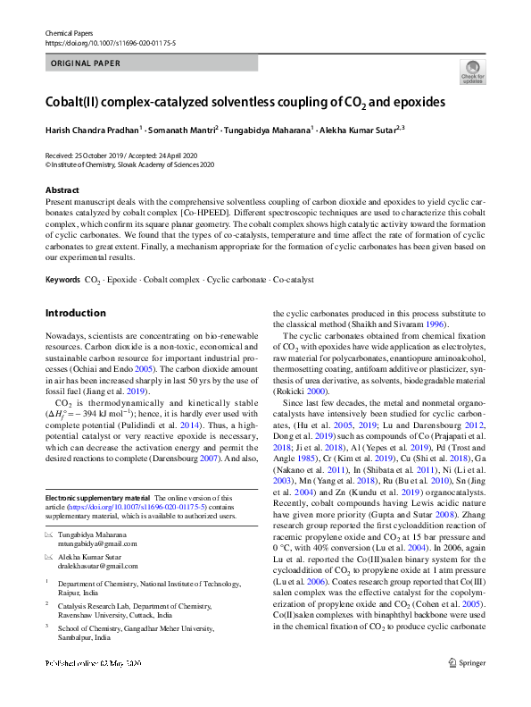 (PDF) Cobalt(II) complex-catalyzed solventless coupling of CO2 and epoxides