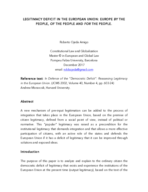 (PDF) LEGITIMACY DEFICIT IN THE EUROPEAN UNION: EUROPE BY THE PEOPLE ...