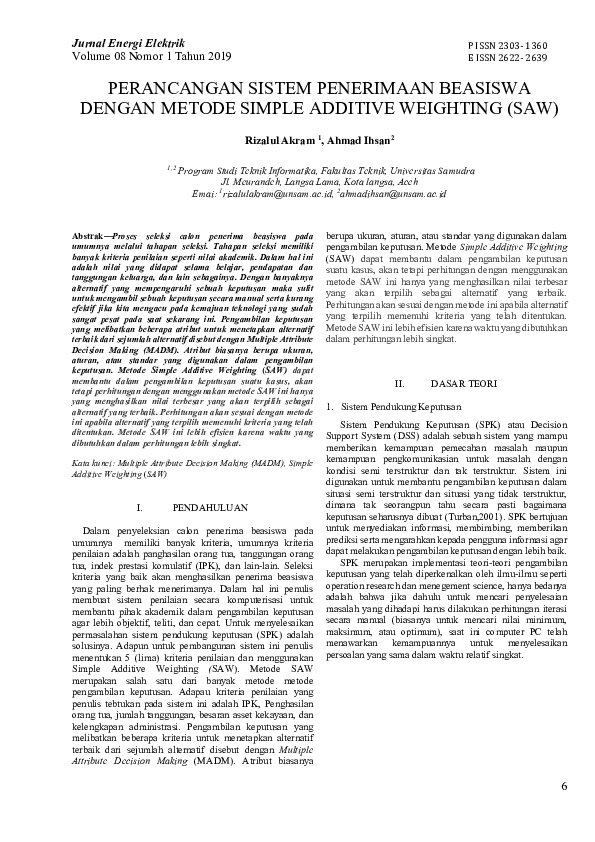 (PDF) Perancangan Sistem Penerimaan Beasiswa Dengan Metode Simple Additive Weighting (Saw)