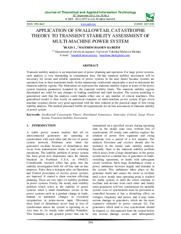 (PDF) Application of swallowtail catastrophe theory to transient stability assessment of multi ...
