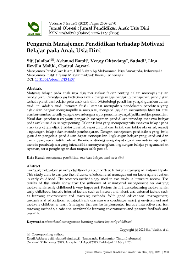 (PDF) Analisis Pengaruh Manajemen Pendidikan Terhadap Motivasi Belajar Pada Anak Usia Dini