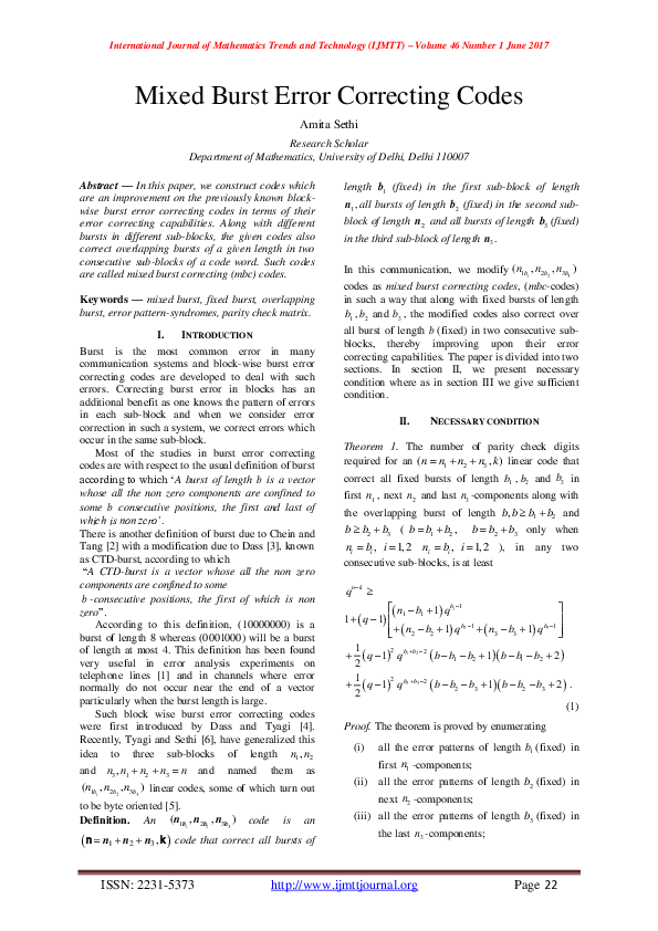 (PDF) Mixed Burst Error Correcting Codes