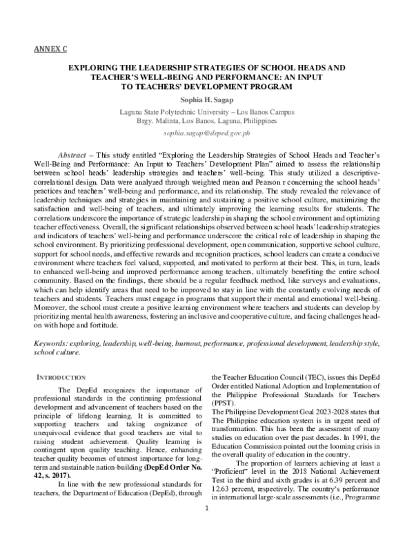 (PDF) EXPLORING THE LEADERSHIP STRATEGIES OF SCHOOL HEADS AND TEACHER'S WELL-BEING AND ...