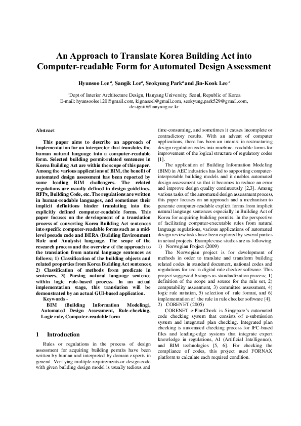 (PDF) An Approach to Translate Korea Building Act into Computer ...