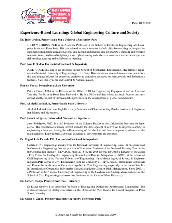 (PDF) Experience-Based Learning: Global Engineering Culture and Society