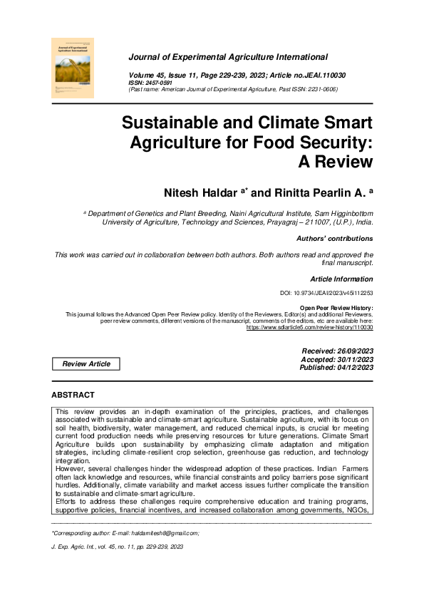 (PDF) Sustainable and Climate Smart Agriculture for Food Security: A Review