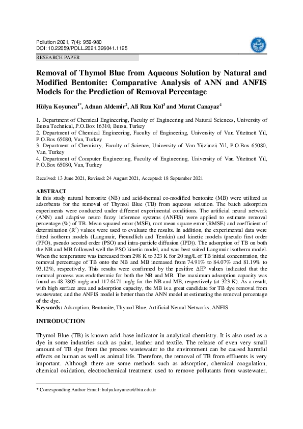 (PDF) Removal of Thymol Blue from Aqueous Solution by Natural and Modified Bentonite ...